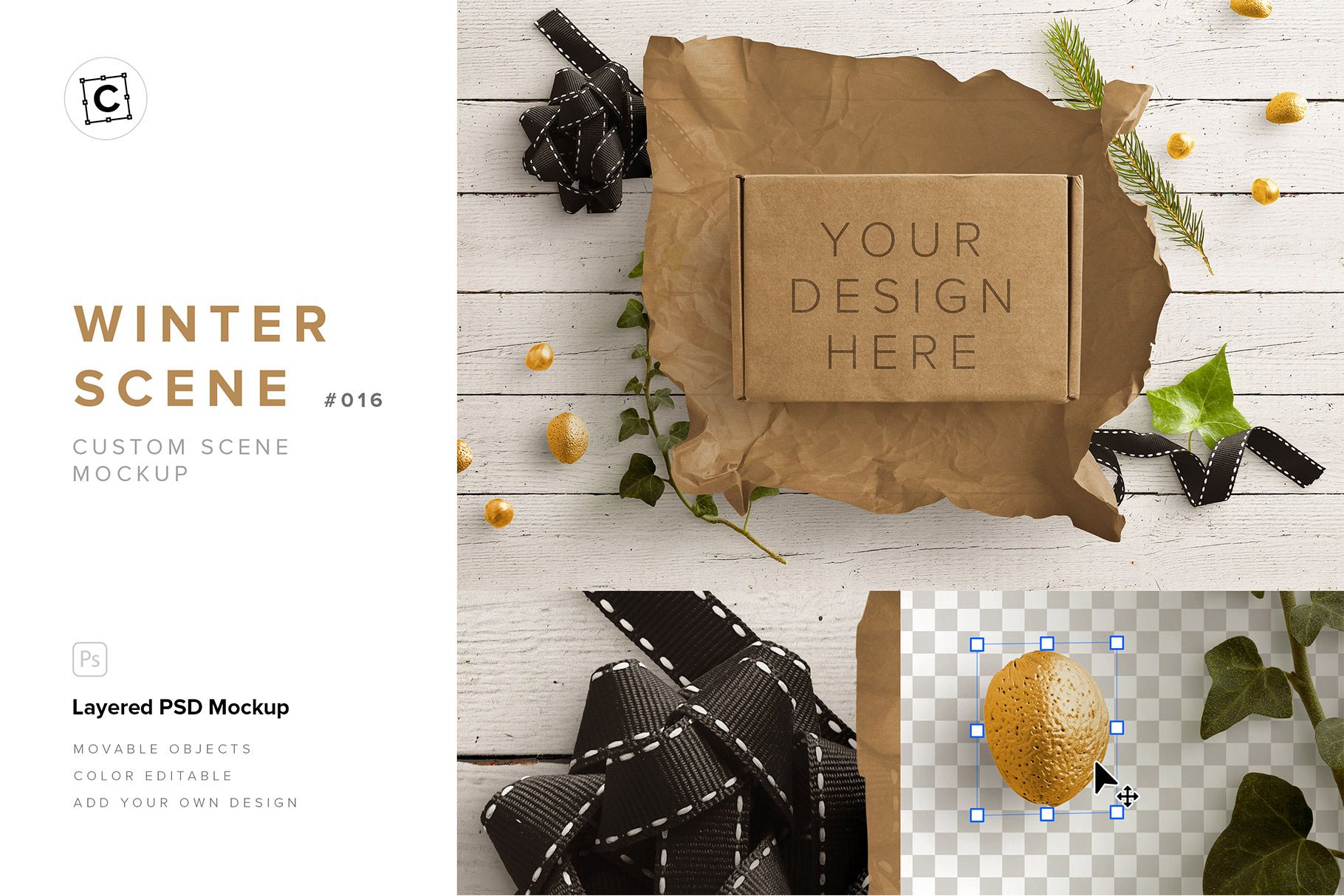 Winter Scene with Gift Box and Wrapping Paper with Ivy, Fir and Golden ...